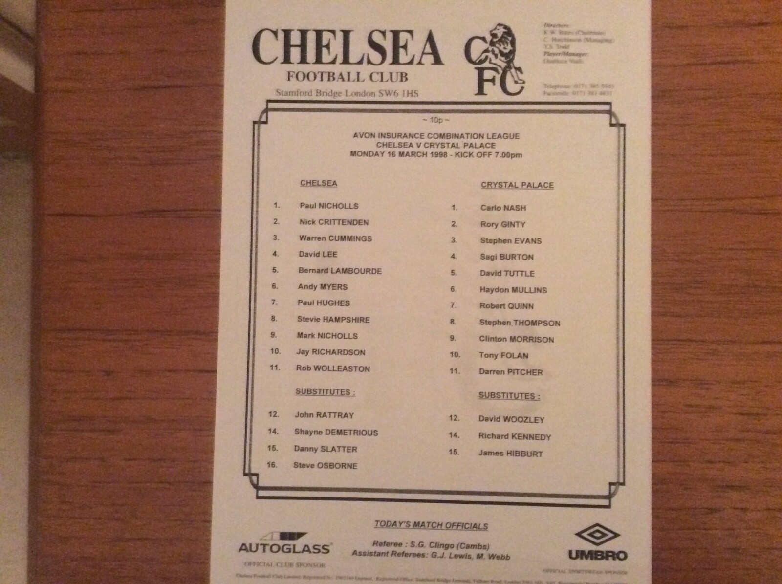 Chelsea Reserves v Crystal Palace Reserves 1997-98 Teamsheet | eBay UK