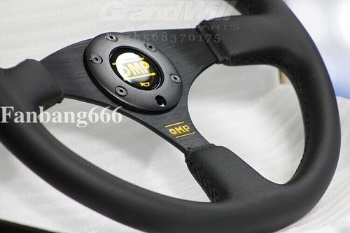 OMP 350mm 14' Genuine Leather Flat Black stitch Racing Sport Steering ...