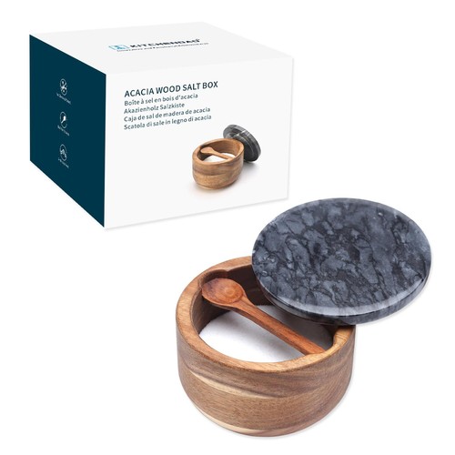 Large Acacia Salt Cellar Box Bowl With Builtin Spoon And Marble Lid ...