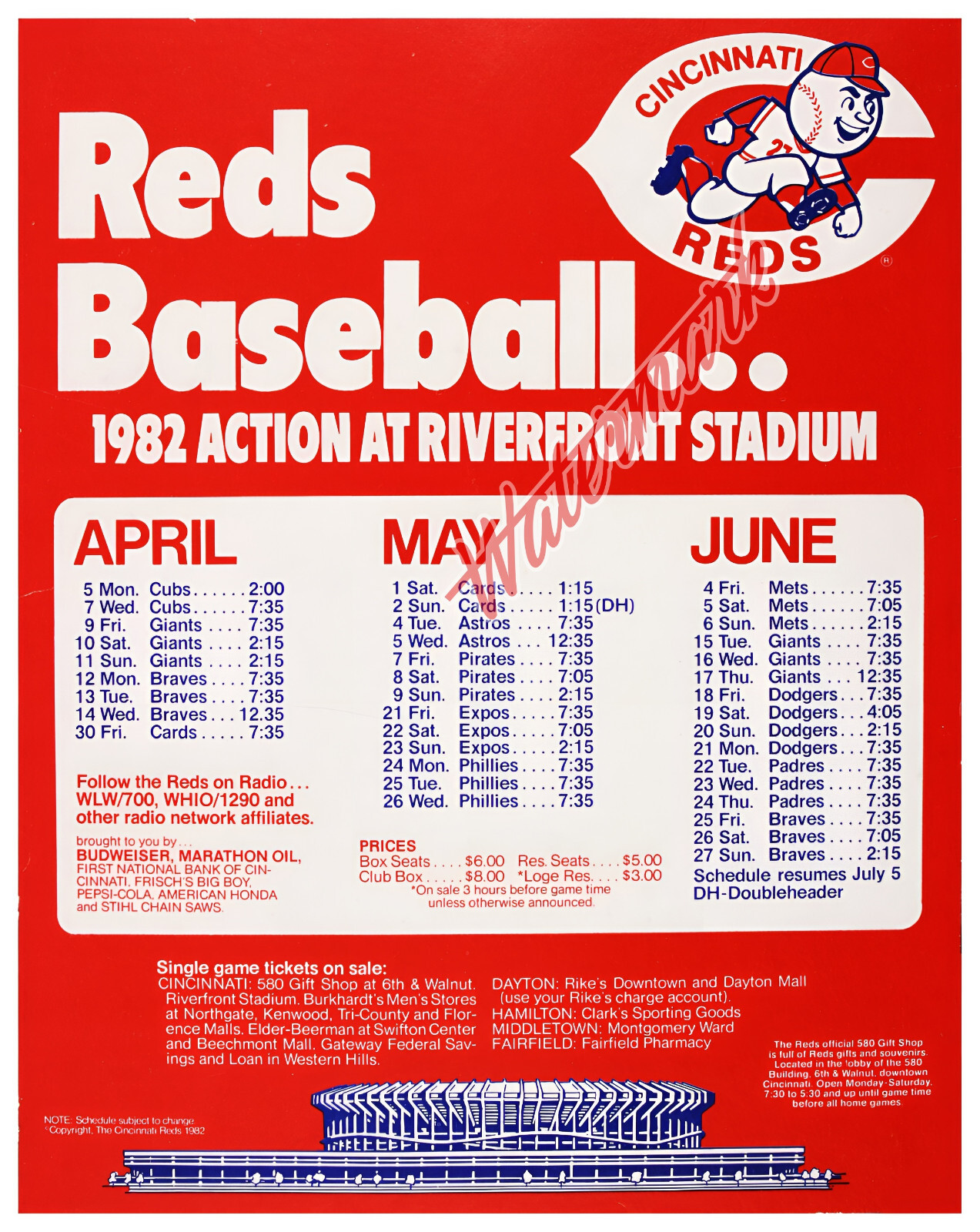 MLB 1982 Cincinnati Reds Partial Home Schedule Color 8 X 10 Photo ...