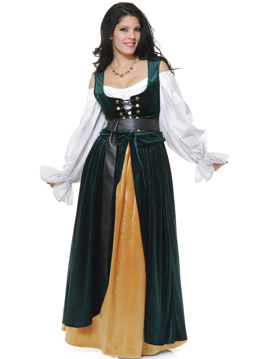 Adult's Womens Green And Gold Country Western Lady Wench Dress Costume ...