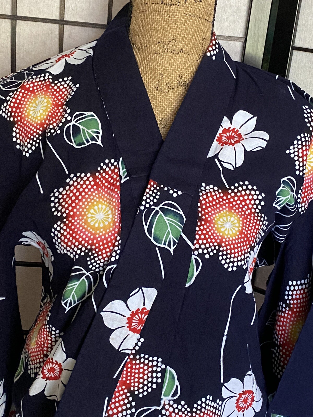 (S) Blue YUKATA Furisode Style Cotton kimono indigo Flower White Red ...