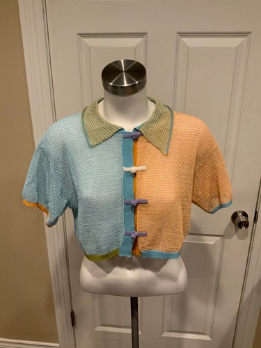 Yan Yan Light Blue Green Orange Loose Knit Cropped Cardigan $325 Size ...