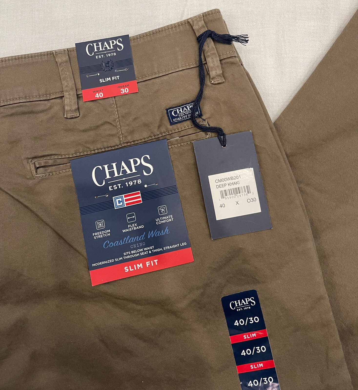 Chaps Mens Chino Pants Slim Fit Stretch 33X32 (Deep Khaki) Brown W33L32 ...