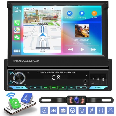 Single 1Din 7" Touch Screen Stereo Flip Out Radio Car Apple/Android ...
