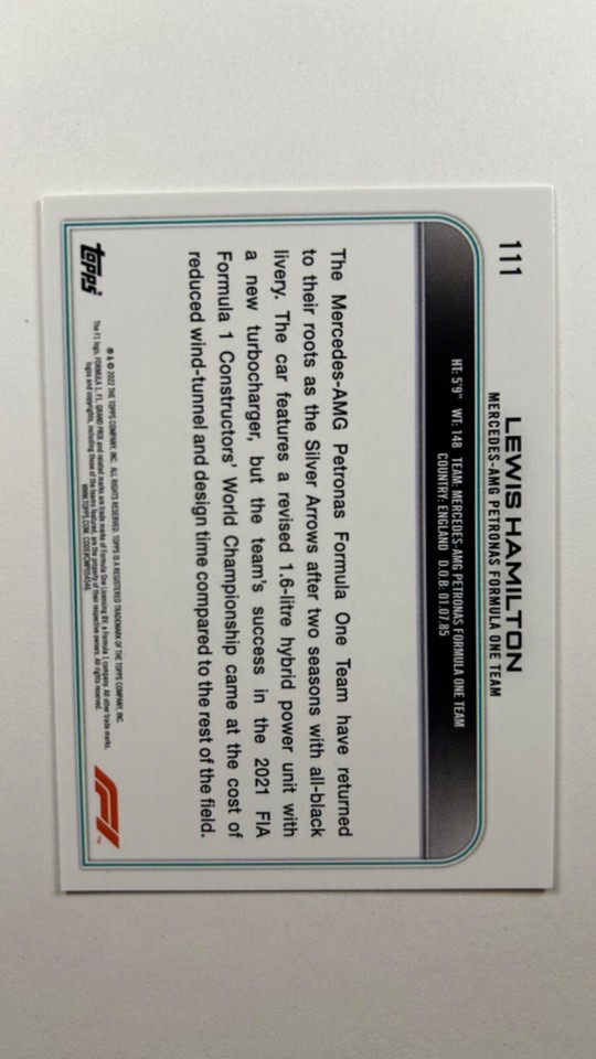 Lewis Hamilton 2022 Topps F1 #111 Mercedes AMG Petronas Formula One ...