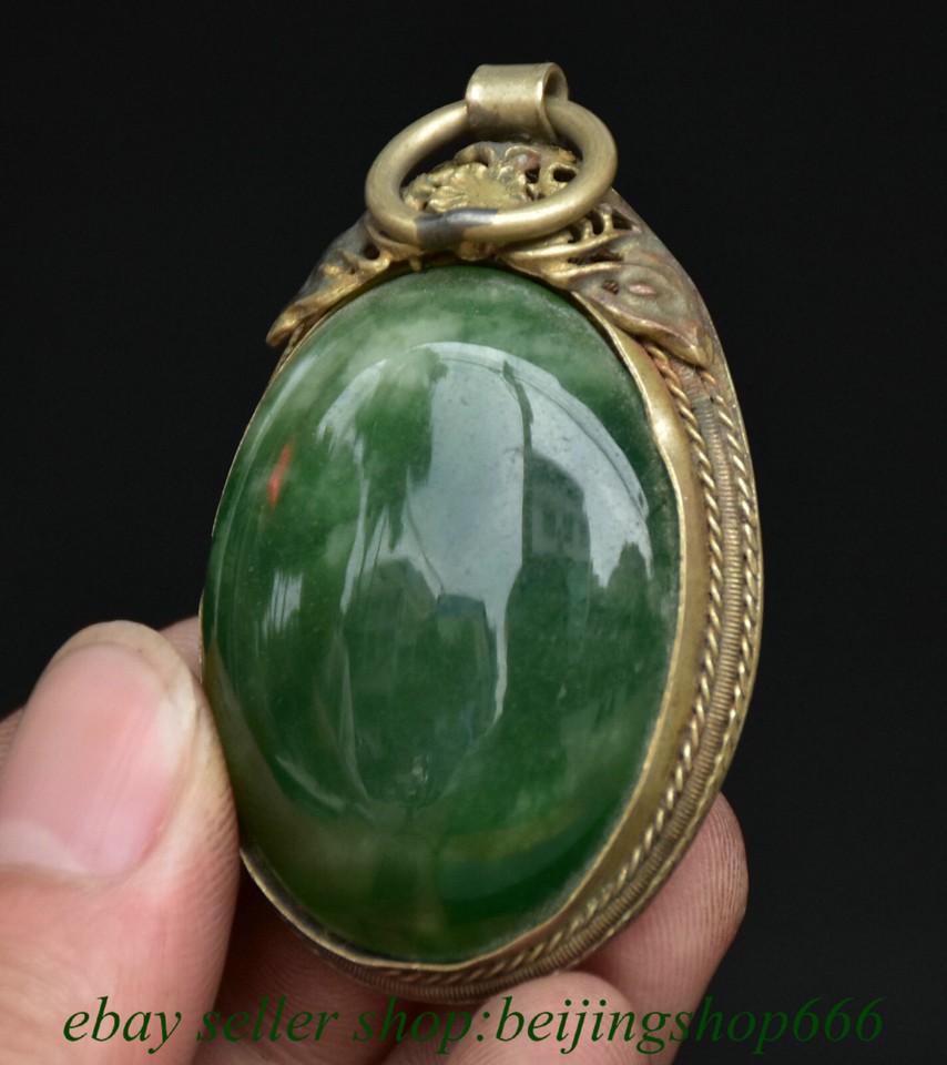 2.4" Old Chinese Copper Gems Green Jade Jewelry Pendant Amulet | eBay