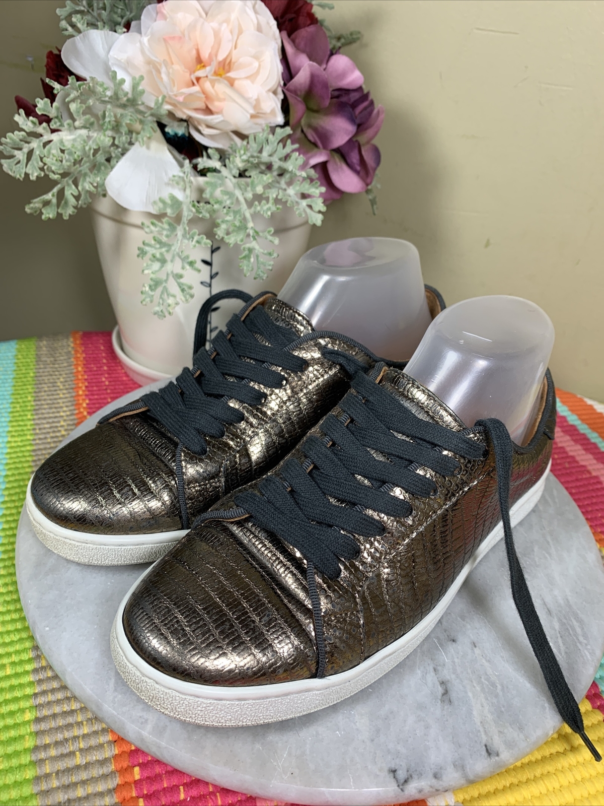 Frye Ivy Leather Low Lace Gold Metallic Sneaker Tenni… - Gem
