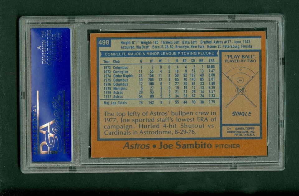 Joe Sambito Vintage 1978 Topps Baseball Card #498 PSA Graded 9 MINT | eBay