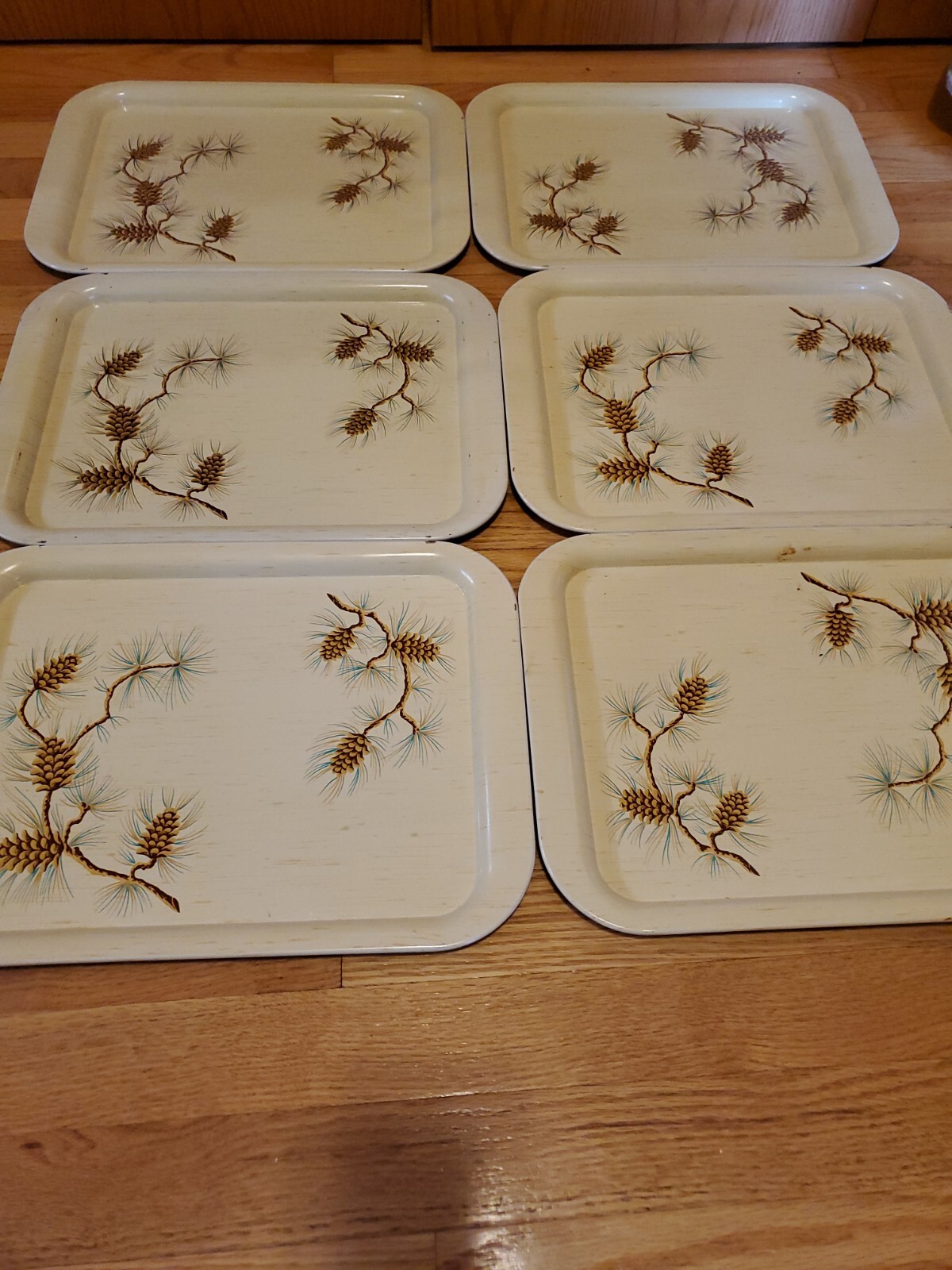 Vintage Mid Century Metal TV Lap Trays Pine Cone Set of 6 Rustic Cabin ...
