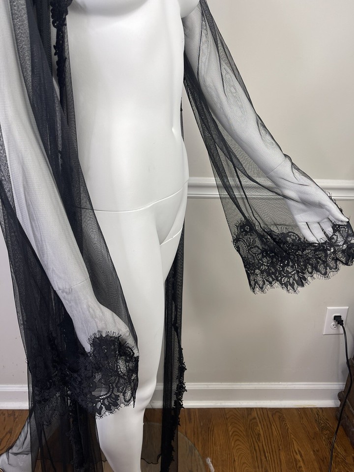 Black Sheer Lace Mesh Robe Sexy Open Cover Up Long Sleeve Nightgown M ...