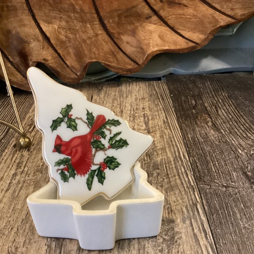 Lefton Hand Painted Christmas Tree Trinket Box Red Cardinal Vintage ...