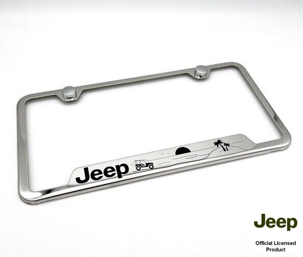 Chrome Stainless License Plate Frame w/ Jeep Script & Beach Scene - La ...