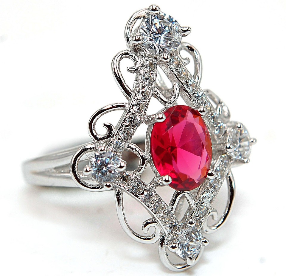 2CT Treated Ruby & White Topaz 925 Solid Sterling Silver Ring Jewelry ...