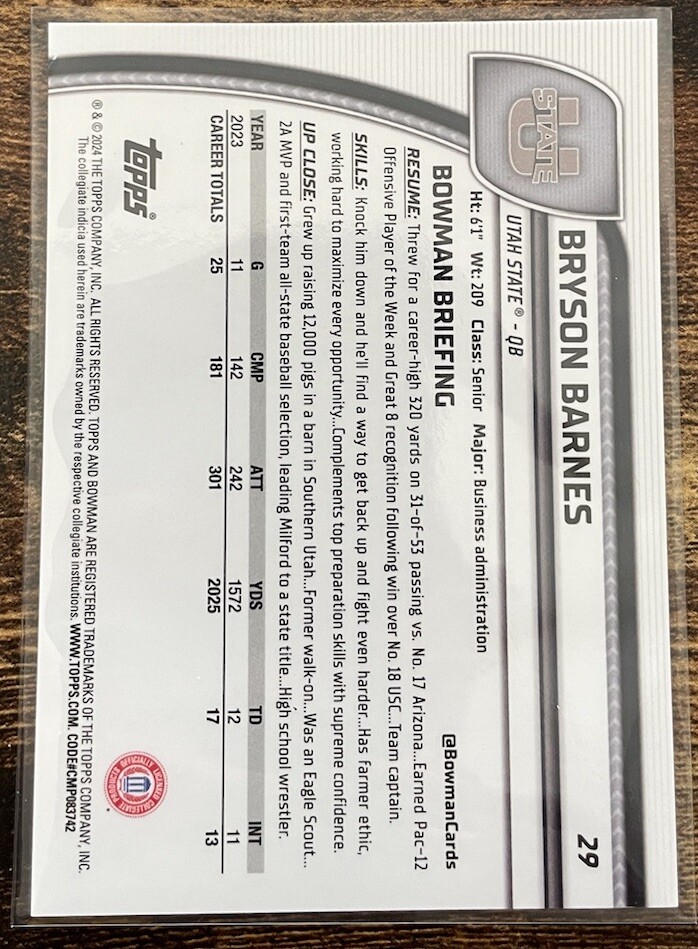 Bryson Barnes 2024 Bowman University Chrome Sapphire Gold Refractor /50 ...