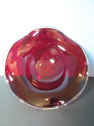 TELEFLORA RUBY RED BOWL 9.5" WIDE RUFFLED WAVE FOOTED PEDESTAL ART ...