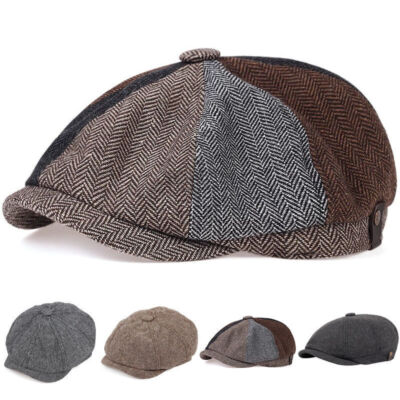 Men Gatsby Beret Cap Octagonal Newsboy Cap Herringbone Tweed Ivy Flat ...