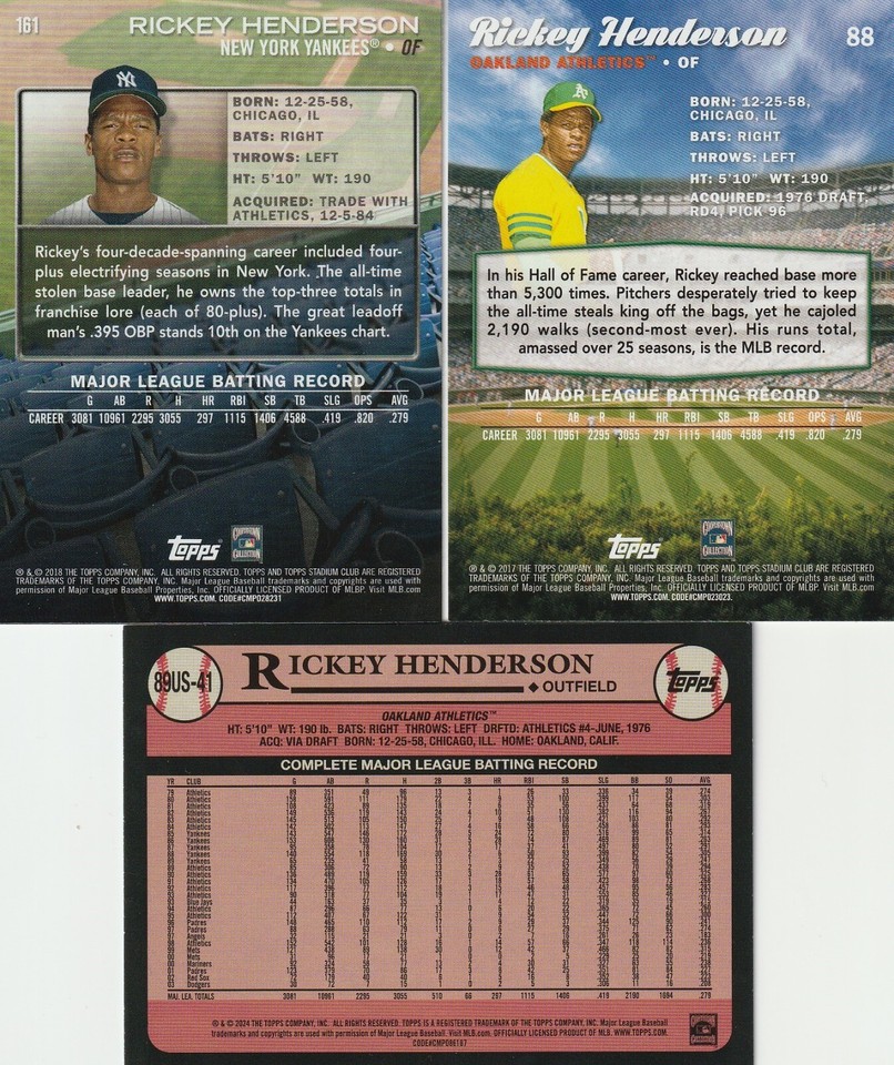 Rickey Henderson 2024 Topps Update 89US-41, 2017 + 2018 Stadium Club ...
