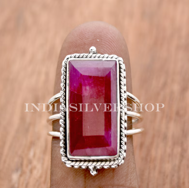 Pink Ruby Silver Ring Rectangle Shape Faceted Stone Triple Band ...