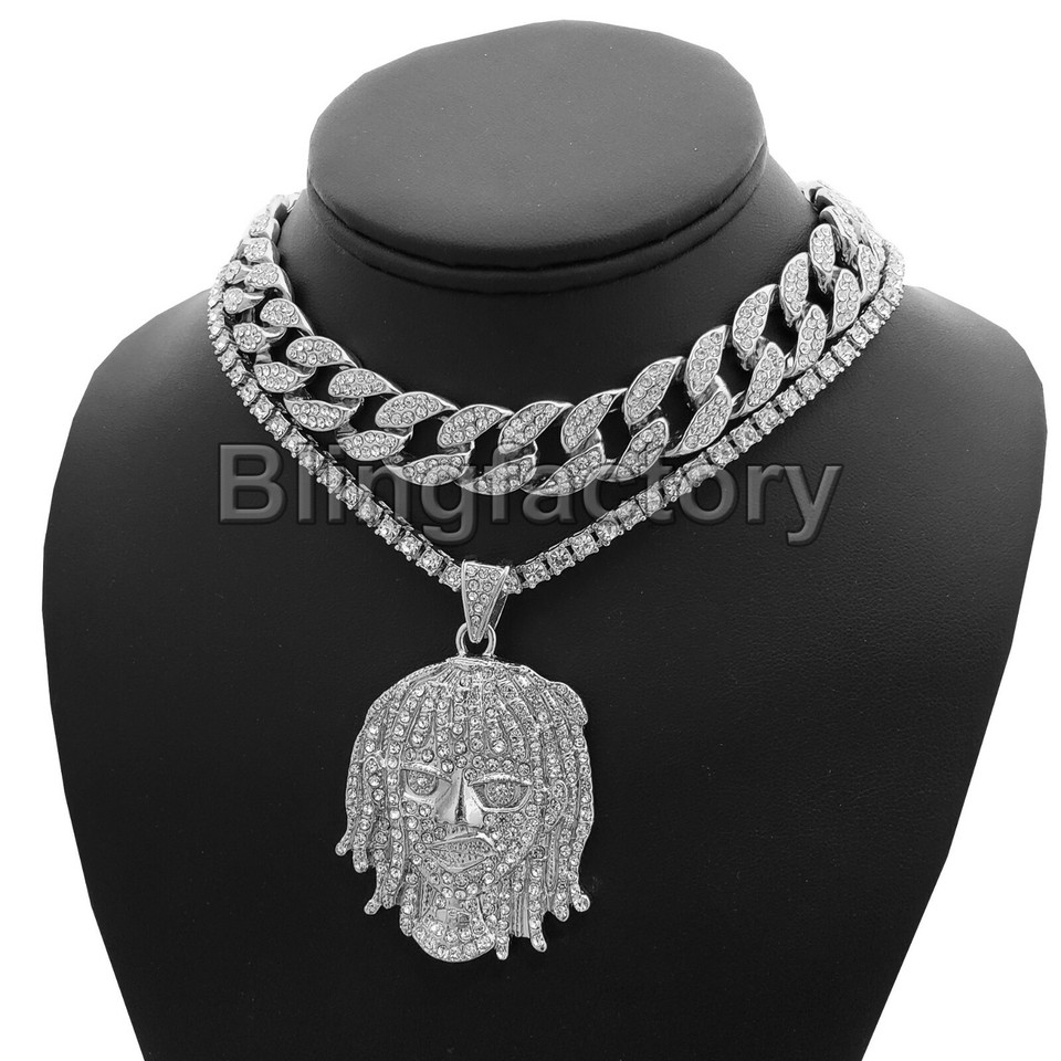 Lil Pump Portrait pendant & 18" Full Iced Cuban & 1 Row Diamond Choker ...