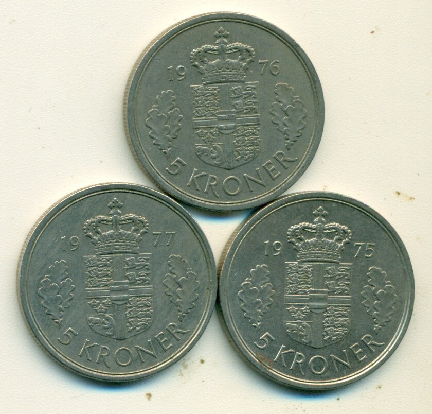 3 DIFFERENT 5 KRONER COINS from DENMARK (1975, 1976 & 1977) | eBay