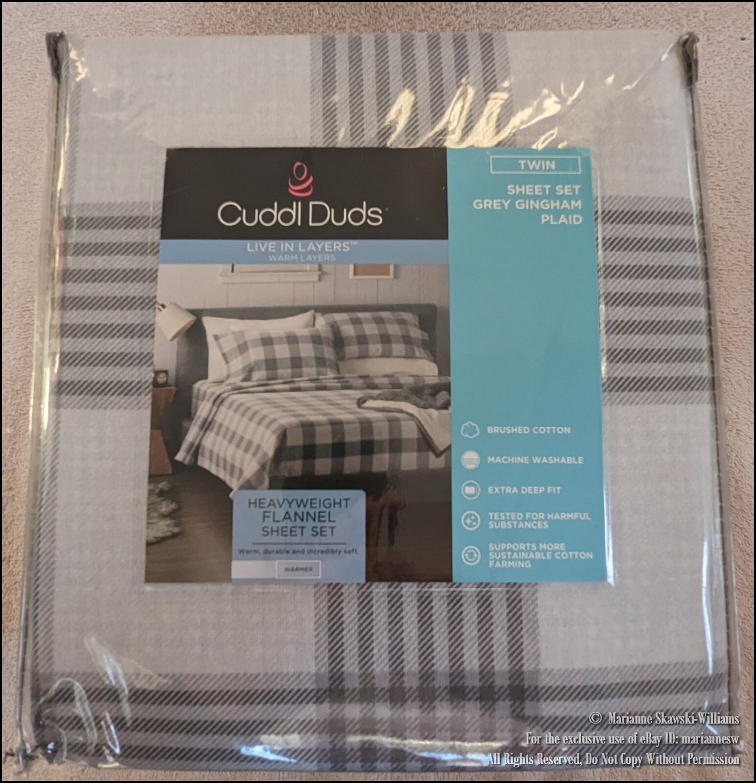 NEW CUDDL DUDS TWIN HEAVYWEIGHT FLANNEL SHEET SET GREY GINGHAM PLAID 3 ...