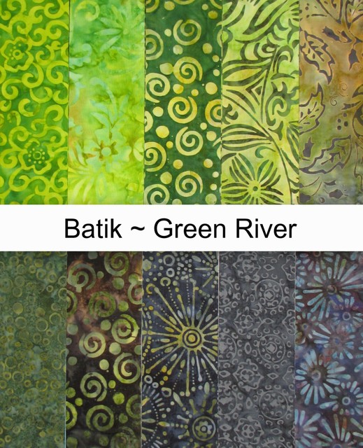 Batik Green River Blue Green Yellow Pur Cotton Fabric HALF-YARD SET ...