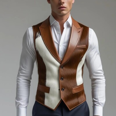 Men's Cowhide Leather Vest Real Natural Hair On Leather Vest Cowboy New ...