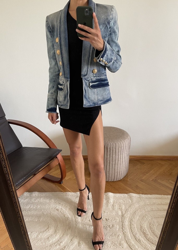 Stunning Authentic Balmain Washed Blue Denim Gold Buttons Jacket Blazer ...