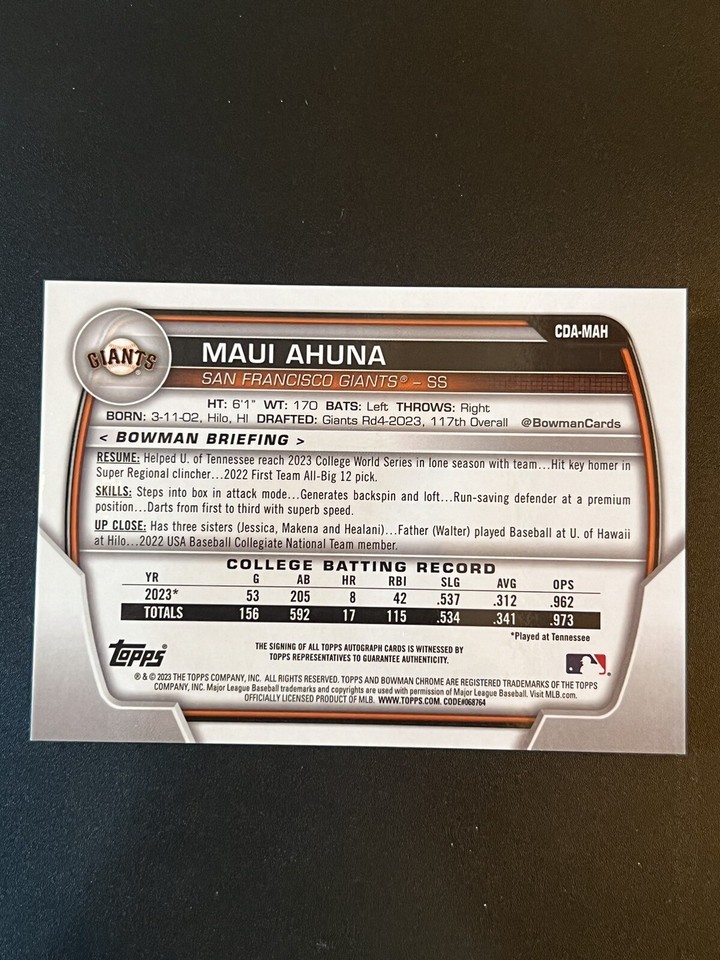 2023 Bowman Draft Chrome Maui Ahuna 1st Auto Autograph CDA-MAH | eBay