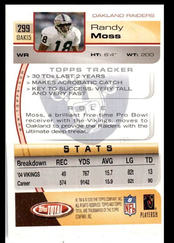 2005 Topps Total Randy Moss Oakland Raiders #299 | eBay