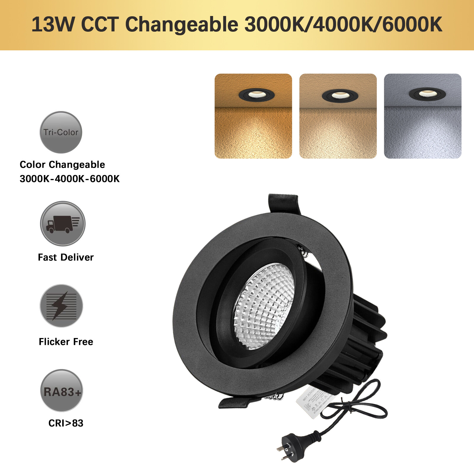 1Pack 90-100mm LED Downlight Kits 13W Daylight 3CCT Dimmable Cutout Any ...