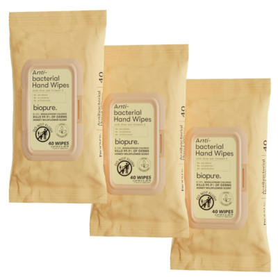 3 Pack of Biopure Anti-Bacterial Hand Wipes - Honey Wild Flower Scent ...