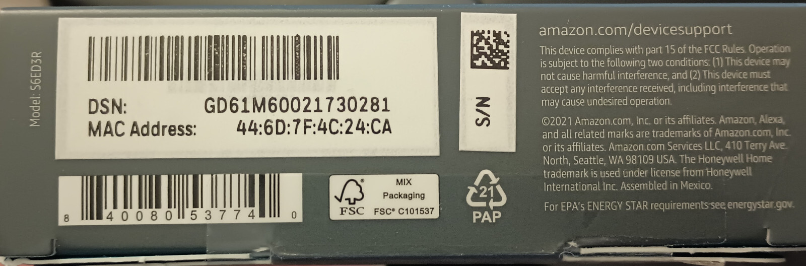 Amazon Smart Thermostat without C-Wire Adapter - White - Model S6ED3R ...