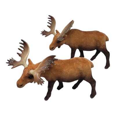 Vintage Brown Fuzzy Flocked Bull Moose Plastic Toy Figurine (Set of 2 ...