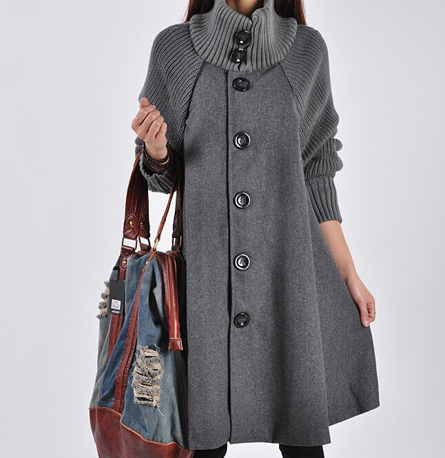 Womens New High Neck Trench Coat Mid-Length Cape Coat Loose Fitted Plus ...