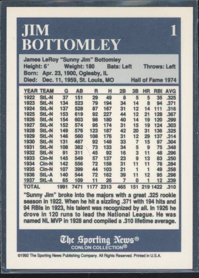 Jim Bottomley 1929 1992 Color Conlon Card #1 NM-MT HOF CARDINALS | eBay
