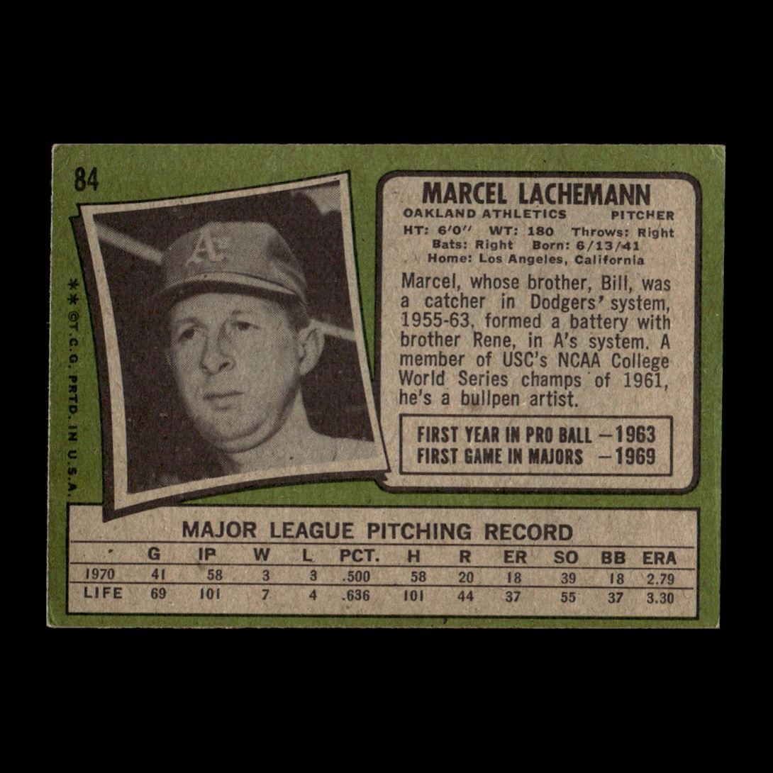 Marcel Lachemann 1971 Topps Rookie Oakland Athletics #84 Nice Vintage ...