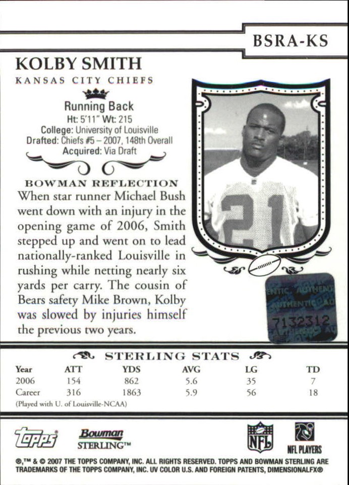 2007 Bowman Sterling Football Card #KS Kolby Smith Rookie | eBay