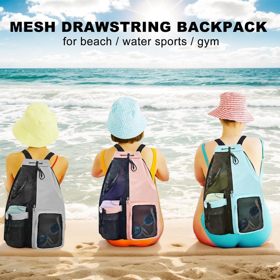 Mesh Beach Backpack with Wet Pocket Drawstring Pool Bag Waterproof ...