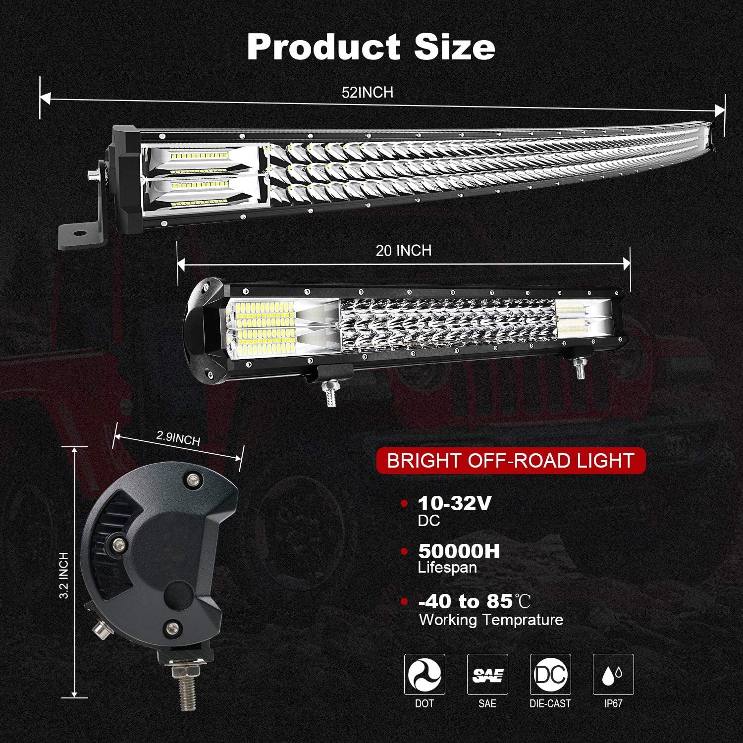 52" Curved Roof LED Light Bar Combo+20" +4" Cube Pods Offroad SUV For ...