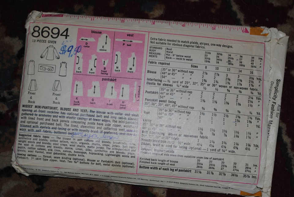Vintage 1970s Simplicity Sewing Pattern 8694 sz 14 mini pantskirt ...