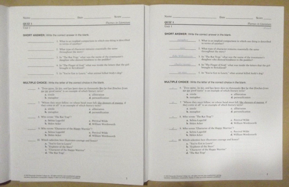 ABeka 9th Grade Themes In Literature Teacher Quiz Test & Answer Key ...