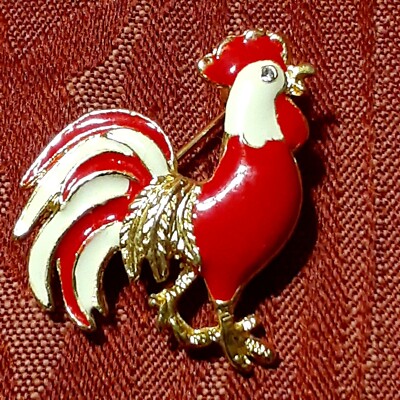 Rooster Chicken BROOCH/PIN Red White Enamel Rhinestone Gold Tone ...