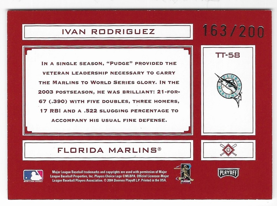 Ivan Rodriguez 2004 Playoff Absolute Memorabilia Tools of Trade Red #TT ...