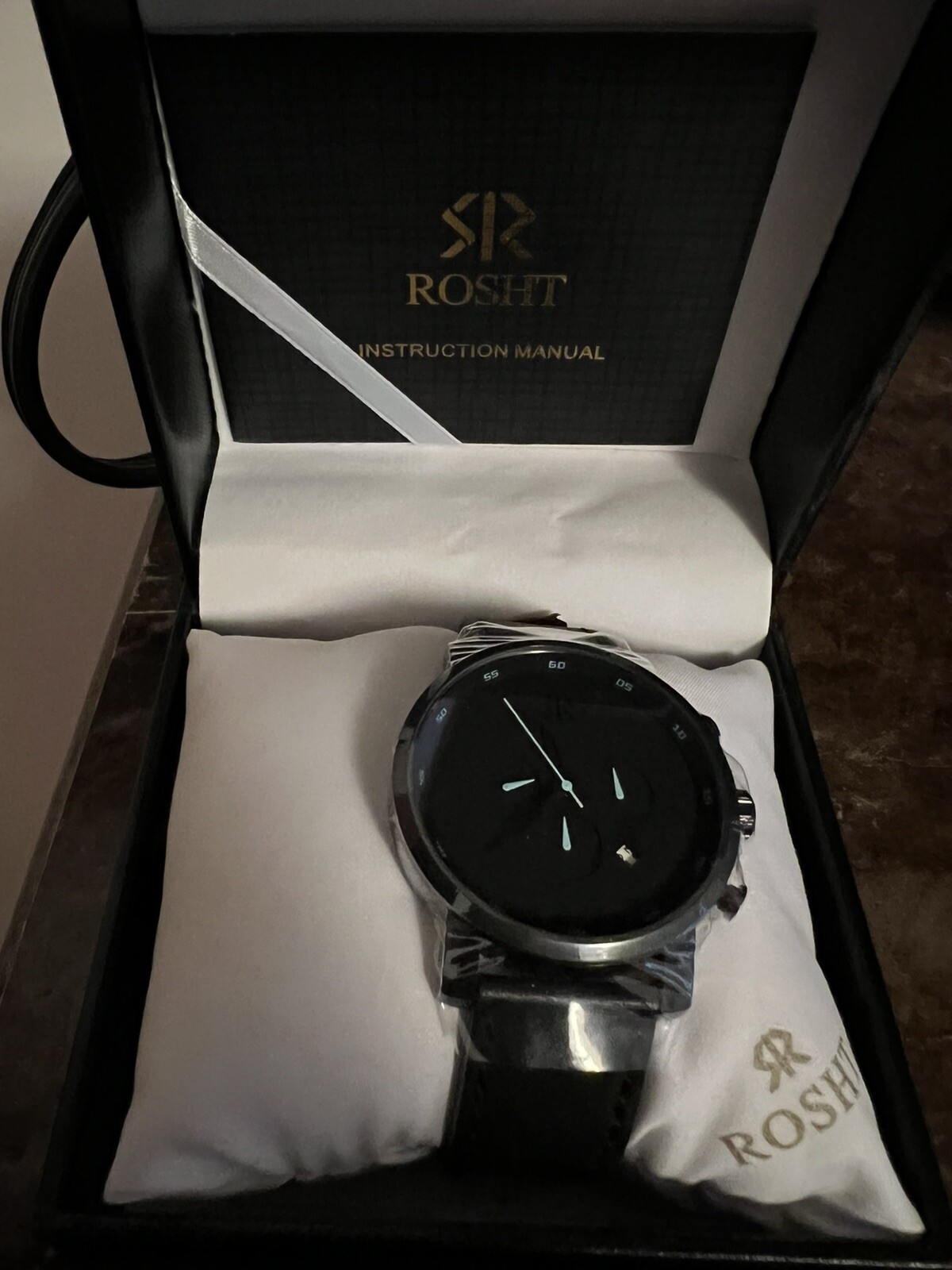 ROSHT Men's Chronograph Watch w/ Black Leather Band, Blue Hand G185003 ...