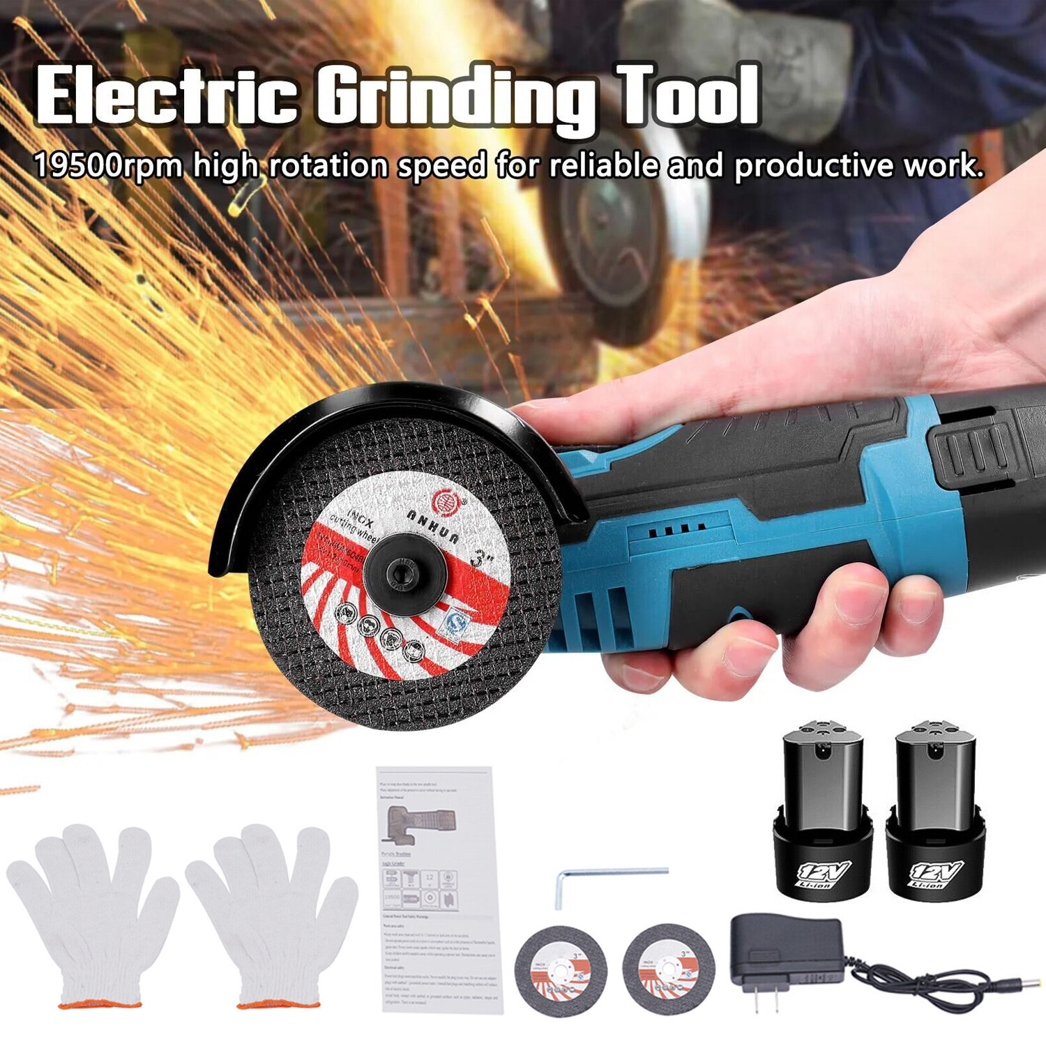 12V Brushless Cordless Angle Grinder Set with Li-ion Battery & Charger ...