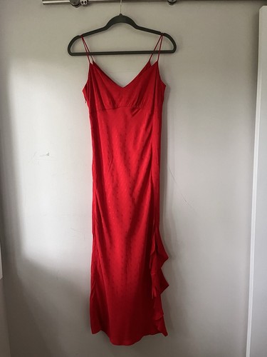 ZARA JACQUARD DOTTED SLIP DRESS SIDE SLIT RUFFLE TRIM RED M MEDIUM | eBay