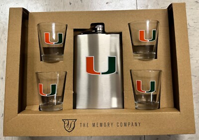 Miami Hurricanes NEW STAINLESS STEEL 8 oz FLASK & 4 SHOT GLASS SET ...