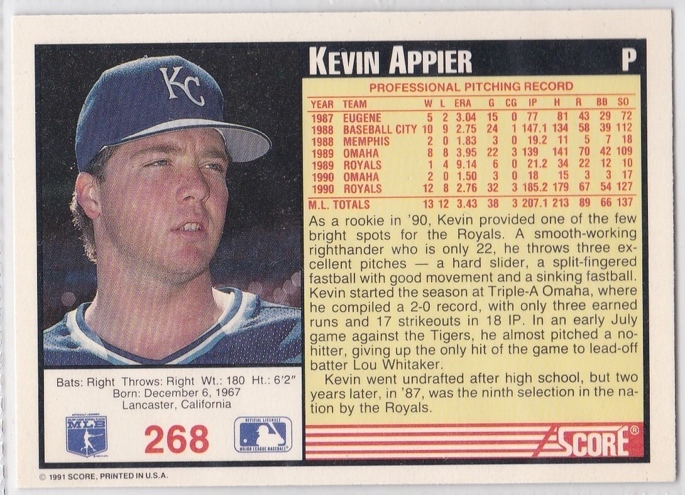 M) 1991 Score Baseball Trading Card - Kevin Appier #268 | eBay
